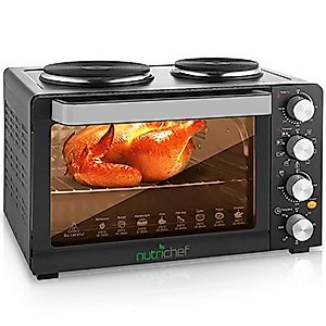 NutriChef 30 Quarts Kitchen Convection Oven - 1400 Watt Countertop Turbo, Rotisserie Roaster Cooker with Grill, Griddle Top Rack, Dual Hot Plates, Toaster, Baking Tray, Skewers and Handles - PKRTO28