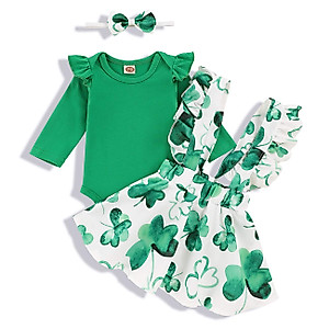 TUEMOS Baby Girl St Patrick's Day Outfit Ruffle Romper Four Leaf Clover Skirt My First St. Patrick's Outfit Set
