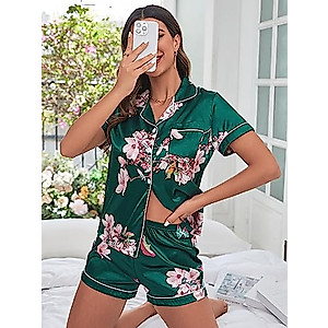 WDIRARA Women's Sleepwear 2 Piece Satin Floral Print Short Sleeve Shirt and Shorts Silk Pajama Set Green XL