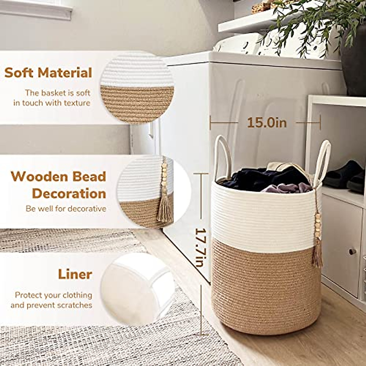 CherryNow Wicker Laundry Basket Tall Woven Hamper, Blanket Storage Basket for Living Room, Entryway, Toy Basket for Nursery, Decorative Clothes Hamper for Bedroom, White & Jute, 51L, 15 x 17.7 inches