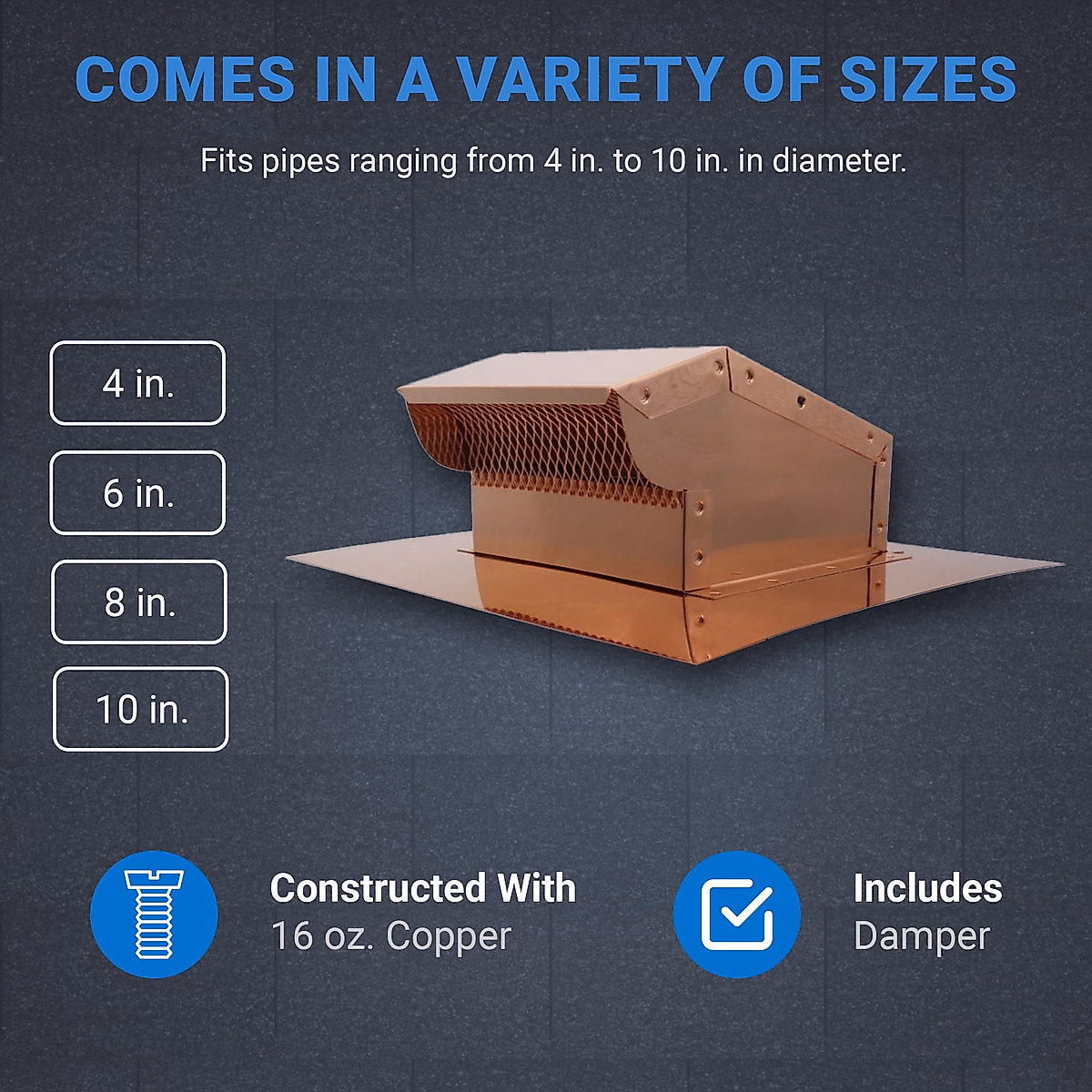Copper Rooftop Exhaust Vent Cap with Damper (10 Inch)