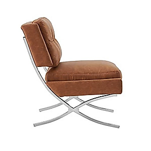 Volans Mid Century Modern Faux Leather Upholstered Armless Desk Chair with Chrome Plated Metal Base, Cognac