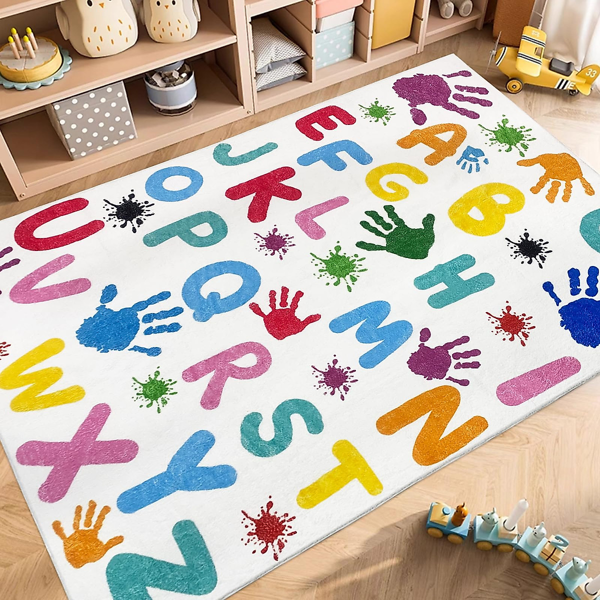 USTIDE Kids Rug ABC Kids Carpet 5x7 Ft Washable Non-Slip Play Mat Indoor Area Rug Carpet for Living Room Bedroom Nursery Room Classroom Colorful Handprint Area Rug for Playroom