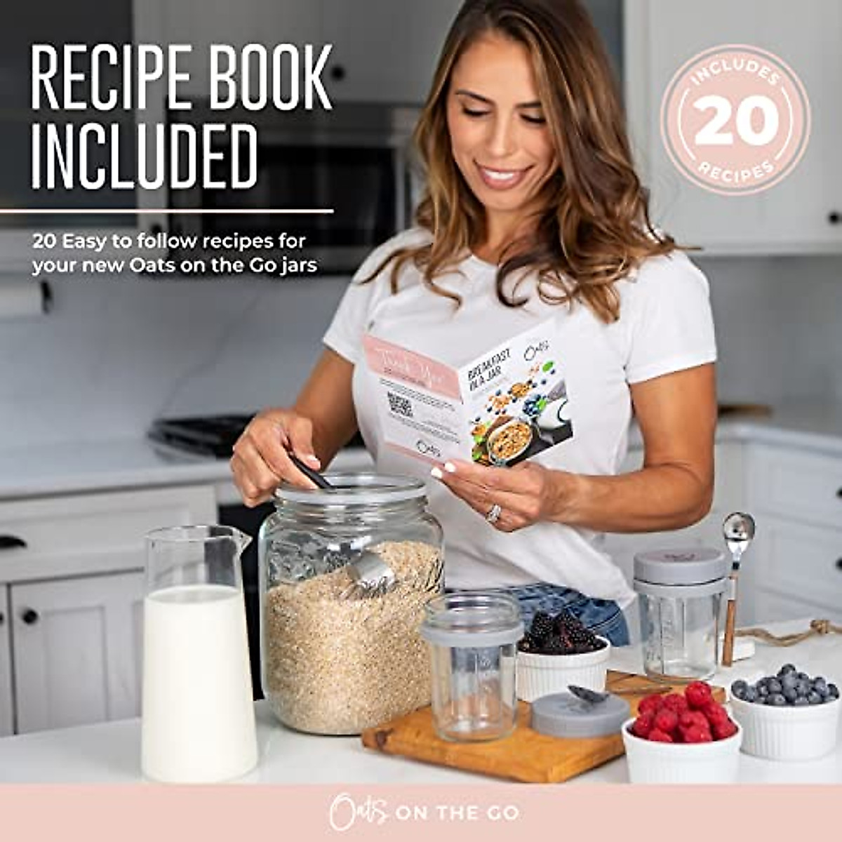 Overnight Oats Container 2-Pack - 10-Oz Glass Mason Jars w/ Spoons & Recipe Book