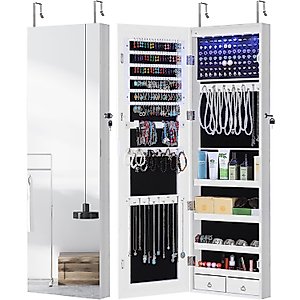 GISSAR Full Length Mirror Jewelry Cabinet, 6 LEDs Jewelry Armoire Wall Mounted Over The Door Hanging, Jewelry Organizer Storage with Lights Lockable, Bright White, 14.6" x 47.2"