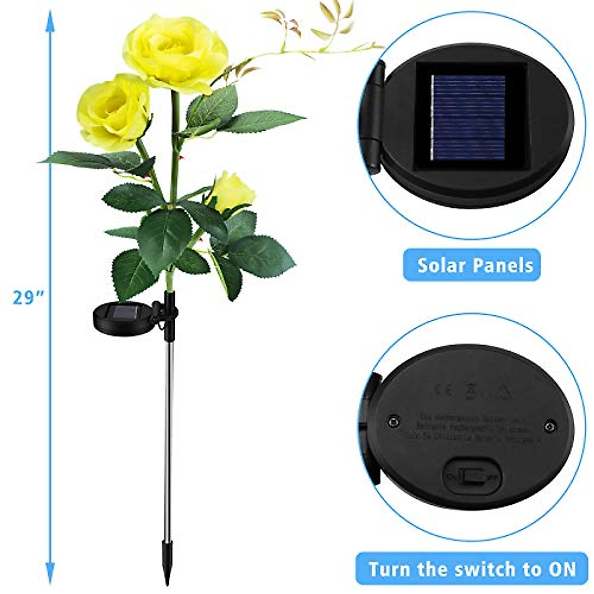 Solar Garden Decorations, 2 Pack 6 Solar Lights Outdoor Decorative with Exquisite Rose Flowers, Garden Lights Solar Powered Waterproof, Solar Flower Lights for Patio, Pathway, Yard Decoration (Yellow)