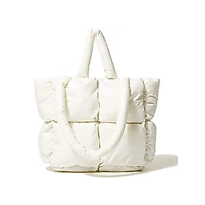ZOSIVEB Large Puffer Tote Bag Winter Soft Puffer Down Padding Shoulder Bags Trendy Luxury Quilted Padded Handbags for Women (White)