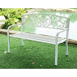 Garden Bench White Scroll Backrest 50 Inch Long Metal, Medium