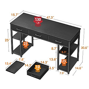 ODK Office Small Computer Desk: Home Table with Fabric Drawers & Storage Shelves, Modern Writing Desk, Black, 48"x16"