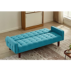 Melpomene Futon Sofa Convertible Couch Bed, Modern Button Tufted Linen Folding Sofa Sleeper with Wood Legs for Living Room Bedroom,Blue