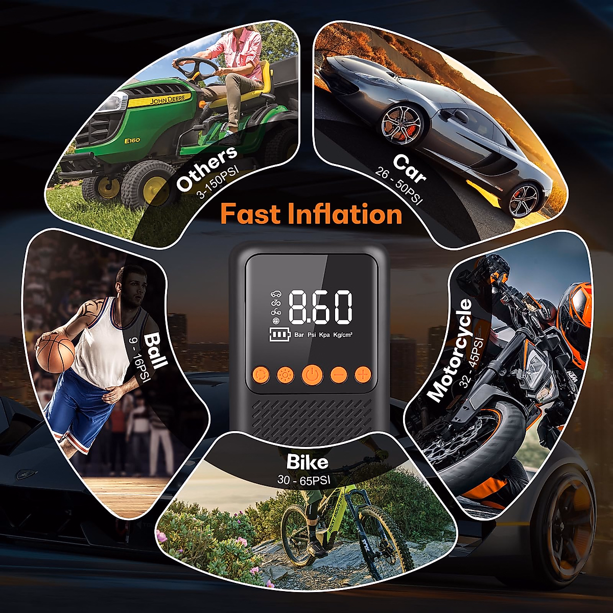 Electric Tire Inflator Portable Air Compressor - Cordless Air Pump for Car Tires Bike Tires - Bicycle Pump with Air Pressure Gauge
