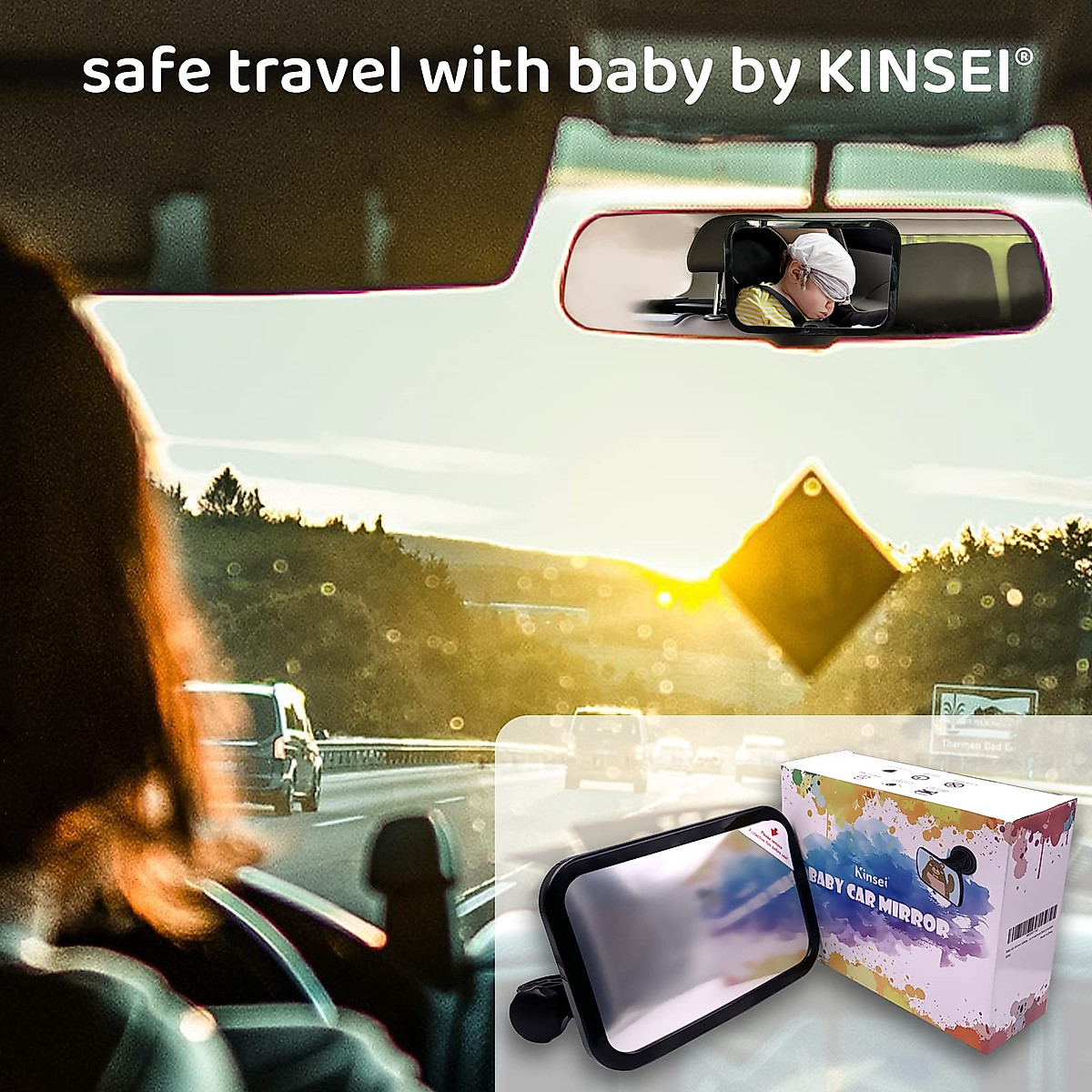 KINSEI Baby Car Mirror Safety Car Seat Mirror for Rear Facing Infant with Wide Crystal Clear View Shatterproof Fully Assembled Newborn Safety with Secure Headrest Clamp Holder