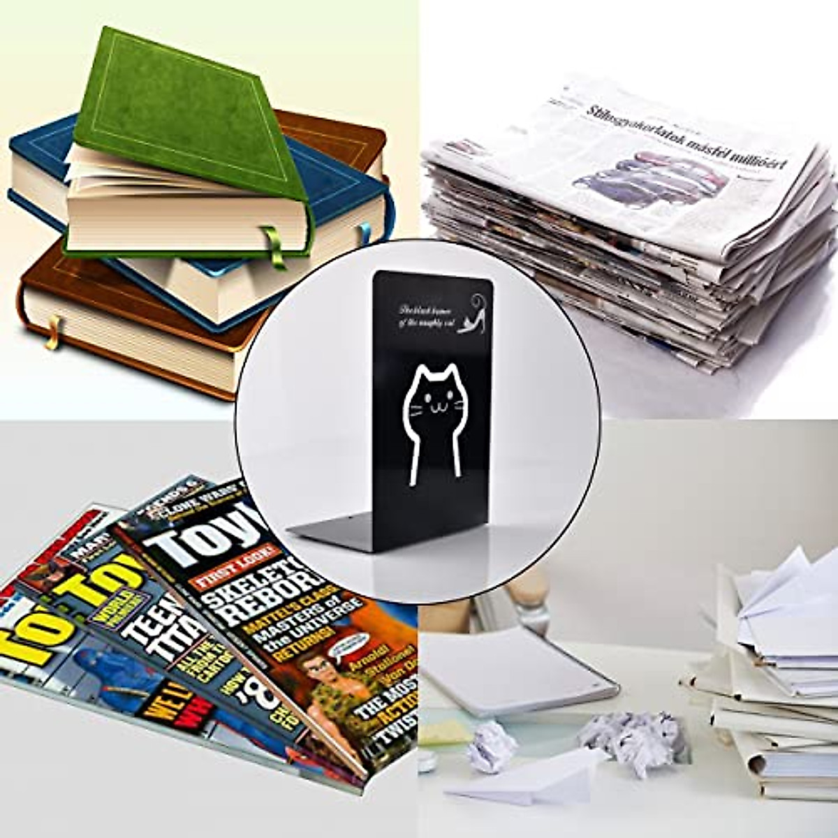 KelBay Office Heavy Duty Bookends Decorative, Cat Design Metal Sturdy Book Ends Stopper with Anti Slip Rubber Base Hold Support Black k-02 bookend
