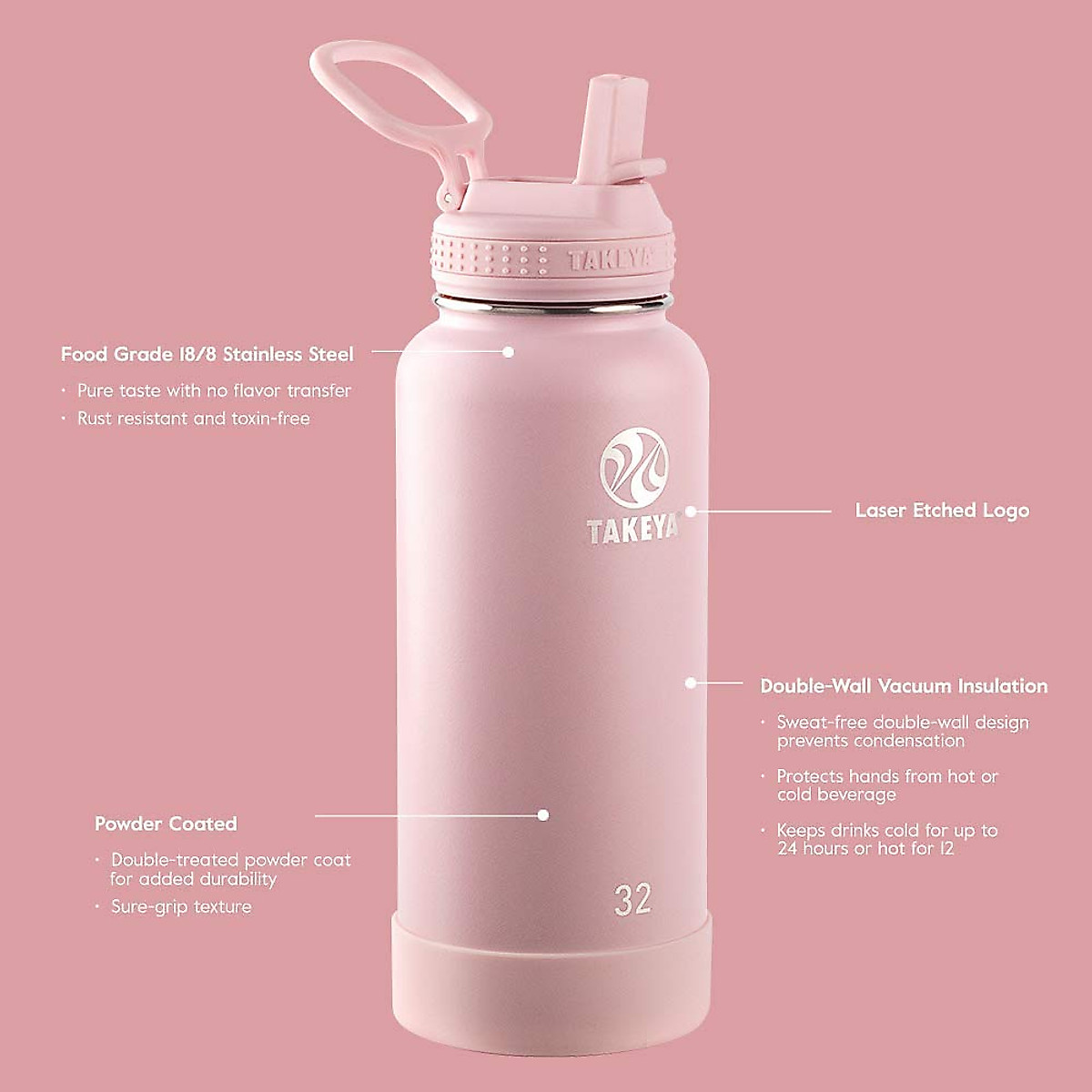 Takeya Actives Insulated Stainless Steel Water Bottle with Straw Lid, 32 Ounce, Blush & Actives Insulated Stainless Steel Water Bottle with Spout Lid, 32 Ounce, Bluestone