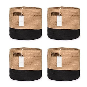Chloe and Cotton Woven Cube Storage Baskets with Handles | Set of 4 | Cute Decorative Bins For Shelves, Bookcases, Cubbies, & Organizing Containers | Black & Tan