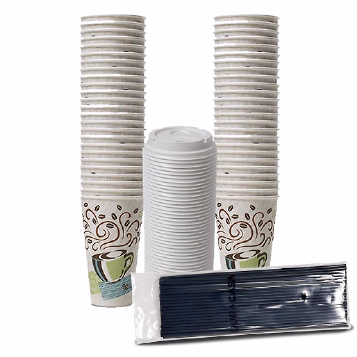 DuraCasa Dixie PerfecTouch WiseSize Coffee Design Insulated Paper Cup, 16oz Cups, Lids Drinking/Stirring Straws Bundle (16 oz, 50 Cups, 50 Lids 50 Straws)