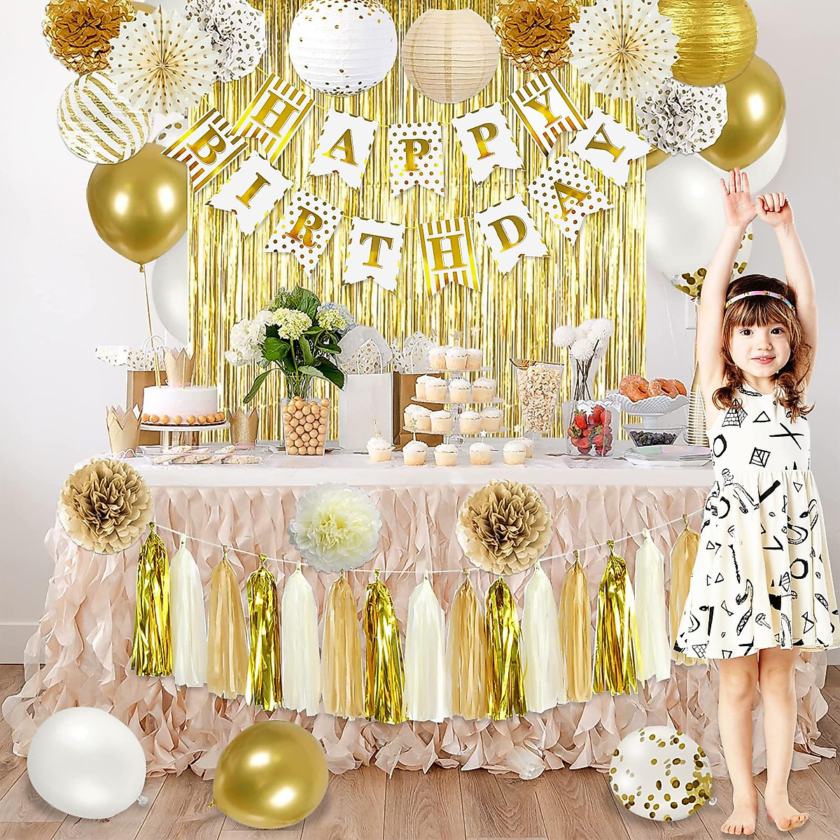 Gold Birthday Decorations Happy Birthday Party Decorations Set with Gold Birthday Banner, Gold White Yellow Balloons Paper Pom Poms, Gold Tassel Garland for Women Grils Kids Birthday Party Supplies