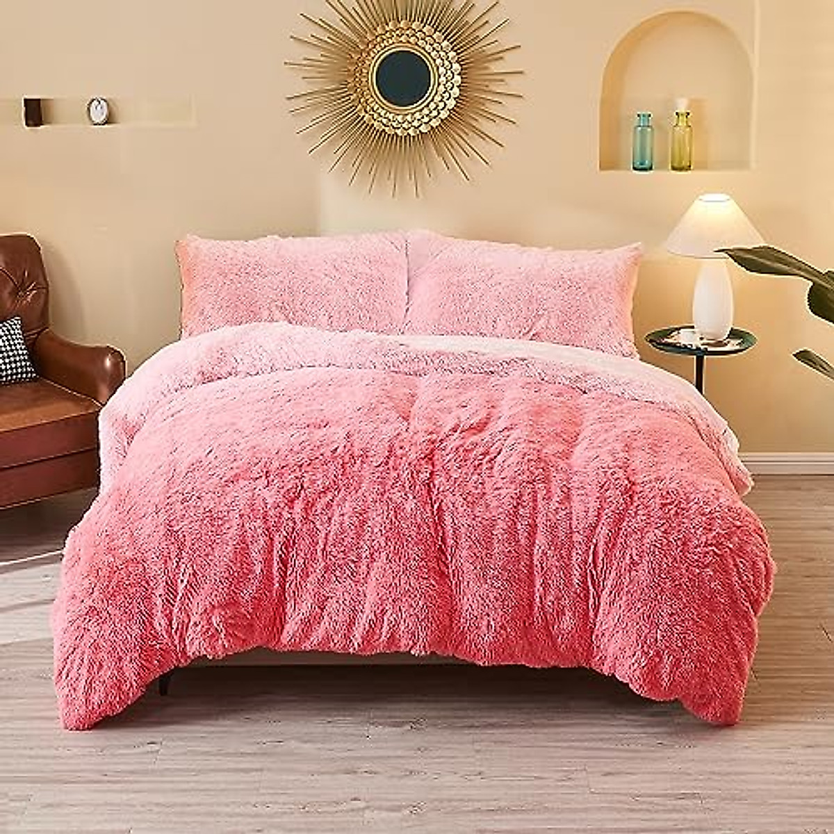 greenoak Duvet Cover Queen Size, Fluffy Luxury Plush Shaggy Duvet Cover Sets Velvet Bedding (1 Faux Fur Duvet Cover + 2 Pillowcases) Comforter Bed Sets 3 Pieces, Zipper Closure (Gradient Pink)