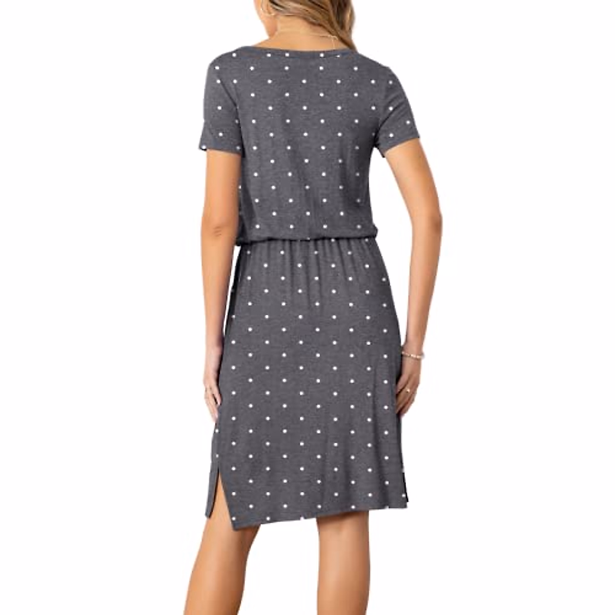 Women Summer Sleeve Pocket Modest Work Casual Midi Knee Dress Polka Dot Gray L