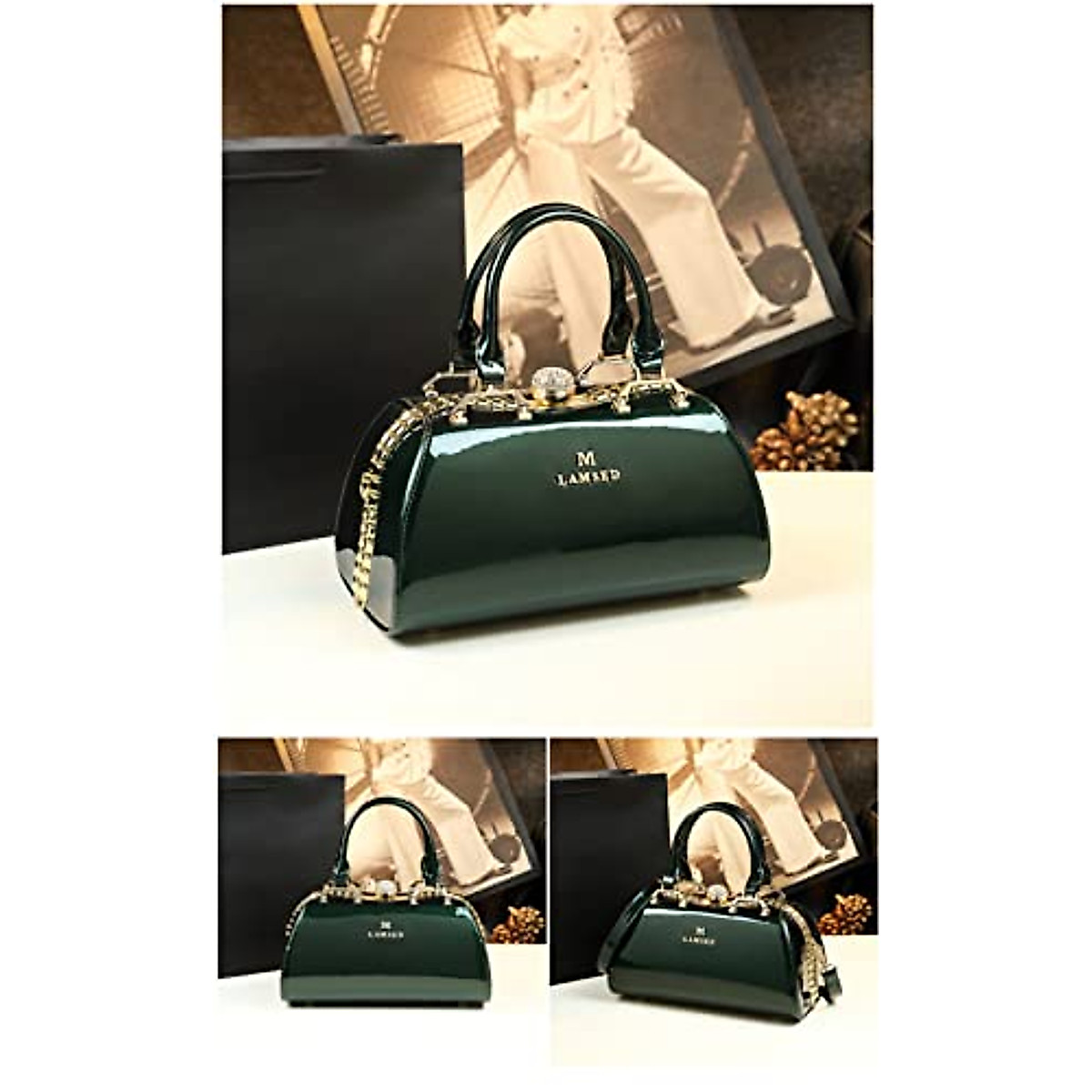 Shirt Luv Fashion Leather Women's Top Handle Satchel Crossbody Handbags Crystal Evening Bag Purses Hard Shoulder Bags (Green)
