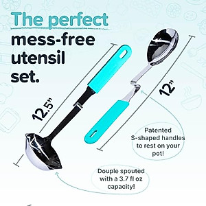 Souper Cubes + Lori Greiner No Mess Silicone Handle Stainless Steel Ladle and Serving Spoon Set - Kitchen Utensils for Cooking and Serving - Aqua Color - 2 Piece Set Spouted Ladle and Spoon