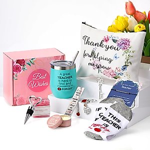 Sabary Christmas Teacher Appreciation Gifts Set Teacher Tumbler for Women, Teacher Cosmetic Bag Unisex Socks Code Bracelet Keychains Bookmark, Back to School Gifts Basket for Birthday Teachers' Day