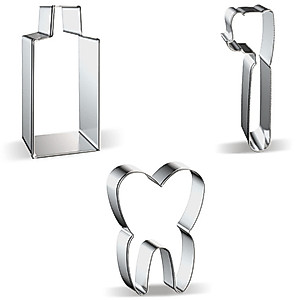 Mini Tooth Series Cookie Cutters Set of 3 pcs, Stainless Steel Fondant Cutter Molds Baking DIY (Toothpaste+Toothbrush+Tooth)