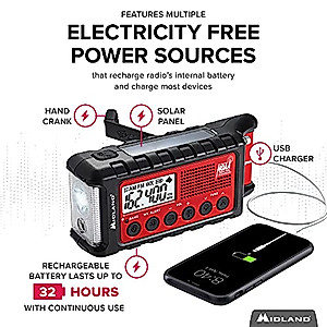 Midland - ER310, Emergency Crank Weather AM/FM Radio - Multiple Power Sources, SOS Emergency Flashlight, Ultrasonic Dog Whistle, & NOAA Weather Scan + Alert (Red/Black)