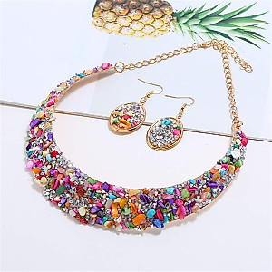 Rhinestone Collar Gold Alloy Metal Necklace For Women Stone Bangle Earring Jewelry Accessories 3pcs Sets (3pcs colorful sets)