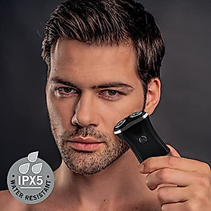 Perry Ellis Mens Electric Shaver with Twin Rotary Blades | Portable, Cordless, Travel Electric Razor for Men | USB Rechargeable Shaver | IPX5 Water Resistant | Flexible Floating Shaving Heads (Black)