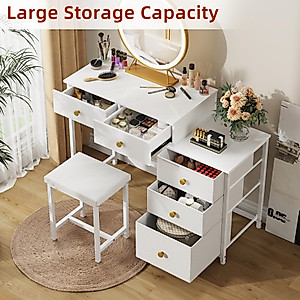 DSAFGGY Vanity Desk with Lighted Mirror and Stool, Makeup Vanity with 5 Drawers(3 Fabric), 3 Lighting Modes LED Mirror, Vanity Table for Bedroom Dresser Vanity Set, Girls Women Gift, White, 40.4" W