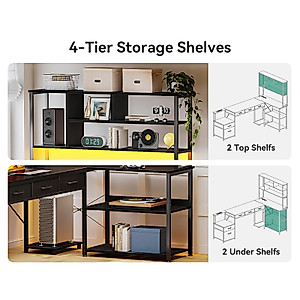 AODK 79 inch L Shaped Desk with File Drawers, Reversible L Shaped Gaming Desk with Power Outlets & LED Lights, Computer Desk with Storage Shelves for Home Office, Black