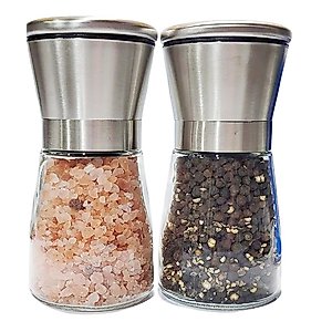 2 Packs Salt and Pepper Mills Brushed Stainless Steel Salt and Pepper Grinder Set(Pack of 2) with Adjustable Ceramic Coarseness Grinder and Glass Body- Salt and Pepper Shakers