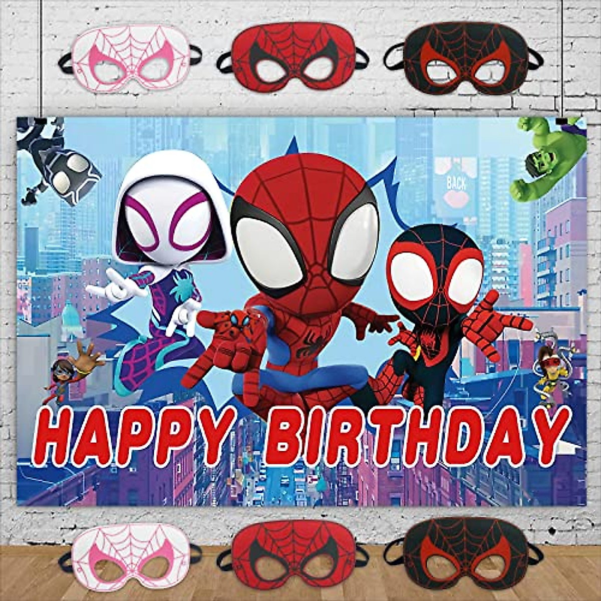 Spidey and His Amazing Friends Party Birthday Background, Spider Party Supplies,5x3Ft Spidey Photo Backdrop and 6 Pcs Spidey Party Cosplay Masks for Any Spidey Birthday Decor