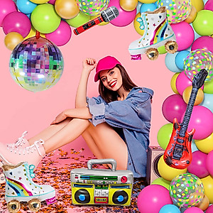 Amandir 90s 80s Theme Party Decorations, 90Pcs Balloon Arch Kit 6PCS Inflatable Retro Disco Ball Microphone Rainbow Roller Skate Boom Box Guitar Balloon for Back to 90s 80s Hip Hop Birthday Supplies