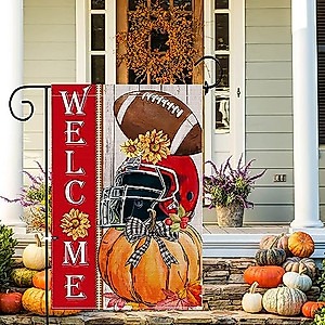 Fall Garden Flag, Welcome Fall Football Yard Flag 12x18 Double-Sided Autumn, Fall Football Pumpkins Welcome Garden Flags Burlap Signs Home Decorations Outdoor Farmhouse