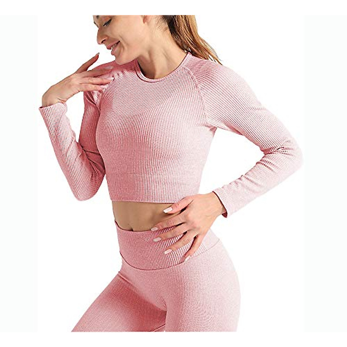 MAYROUND Women 2 Pieces Yoga Workout Outfit Ribbed Seamless Leggings and Long Sleeve Crop Top Set Exercise Clothes