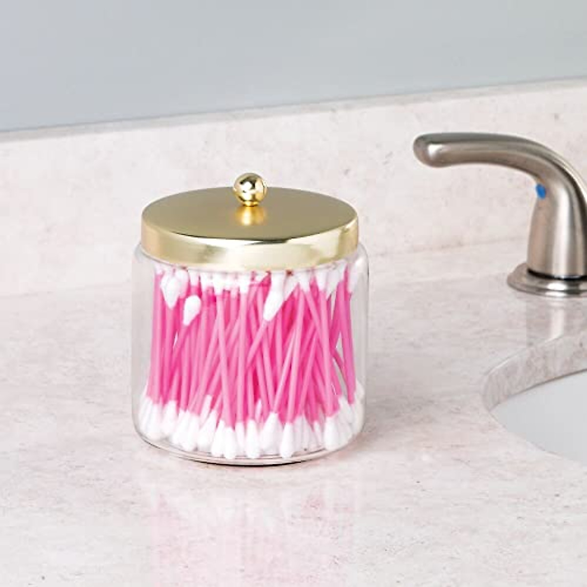 mDesign Modern Glass Bathroom Vanity Storage Organizer Canisters Jars for Cotton Balls, Swabs, Makeup Sponges, Bath Salts, Hair Ties, Jewelry - Clear/Gold Brass