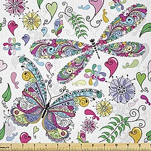 Ambesonne Dragonfly Fabric by The Yard, Butterfly Dragonfly Paisley Complex Motifs with Diverse Lines Art Image, Stretch Knit Fabric for Clothing Sewing and Arts Crafts, 1 Yard, Multicolor