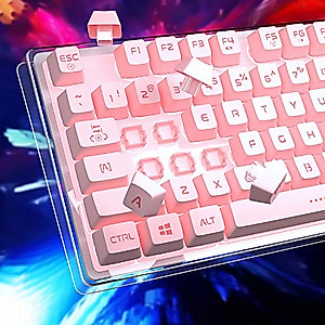 Gaming Keyboard and Mouse Combo, K1 7 Colors LED Backlit with 104 Keys Computer Keyboard for PC/Laptop (White & Pink)