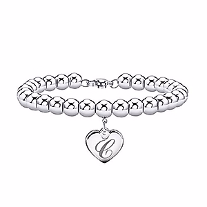 Estendly Initial Heart Charm Bracelets for Kids 6mm Stainless Steel Beaded Delicate Letters C Bracelet Jewelry Birthday Gift for Sister
