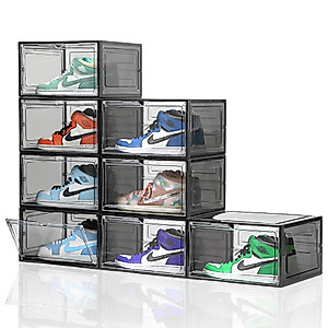 Attelite Upgraded Large Clear Shoe Storage Box Stackable, 8 Pack Thicken Plastic Shoe Containers, Drop Side Front Shoe Storage Organizer for Display Sneakers