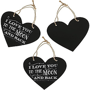 8.6 x 7 InchHanging Wooden Blackboard Erasable Message Chalkboard with String for Signs, Weddings, Parties, Home, Garden Decorations,3 Pcs (Heart Shaped)