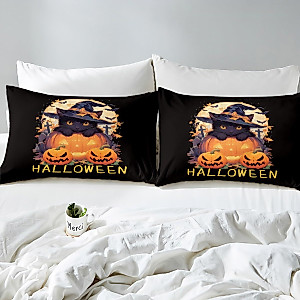 Happy Halloween Kids Duvet Cover Set King Size,Moon Pumpkin Lantern Witch Hat Bedding Set,Boys Girls Room Decor,Cartoon Cat Bat Animal Rustic Comforter Cover,Black Trippy Quilt Cover,2 Pillowcases