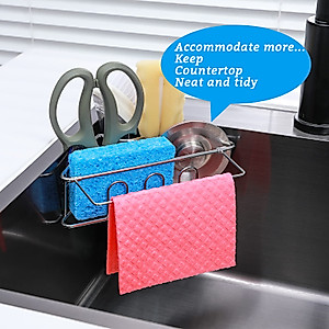 MAISEEN Kitchen Sink Caddy Sponge Holder， Space Saving Kitchen Sink Organizer + Sink Brush Holder + Dish Rag Holder, 304 Stainless Steel, Multi-Purpose 6 In 1 Kitchen Sink Accessories. Silver