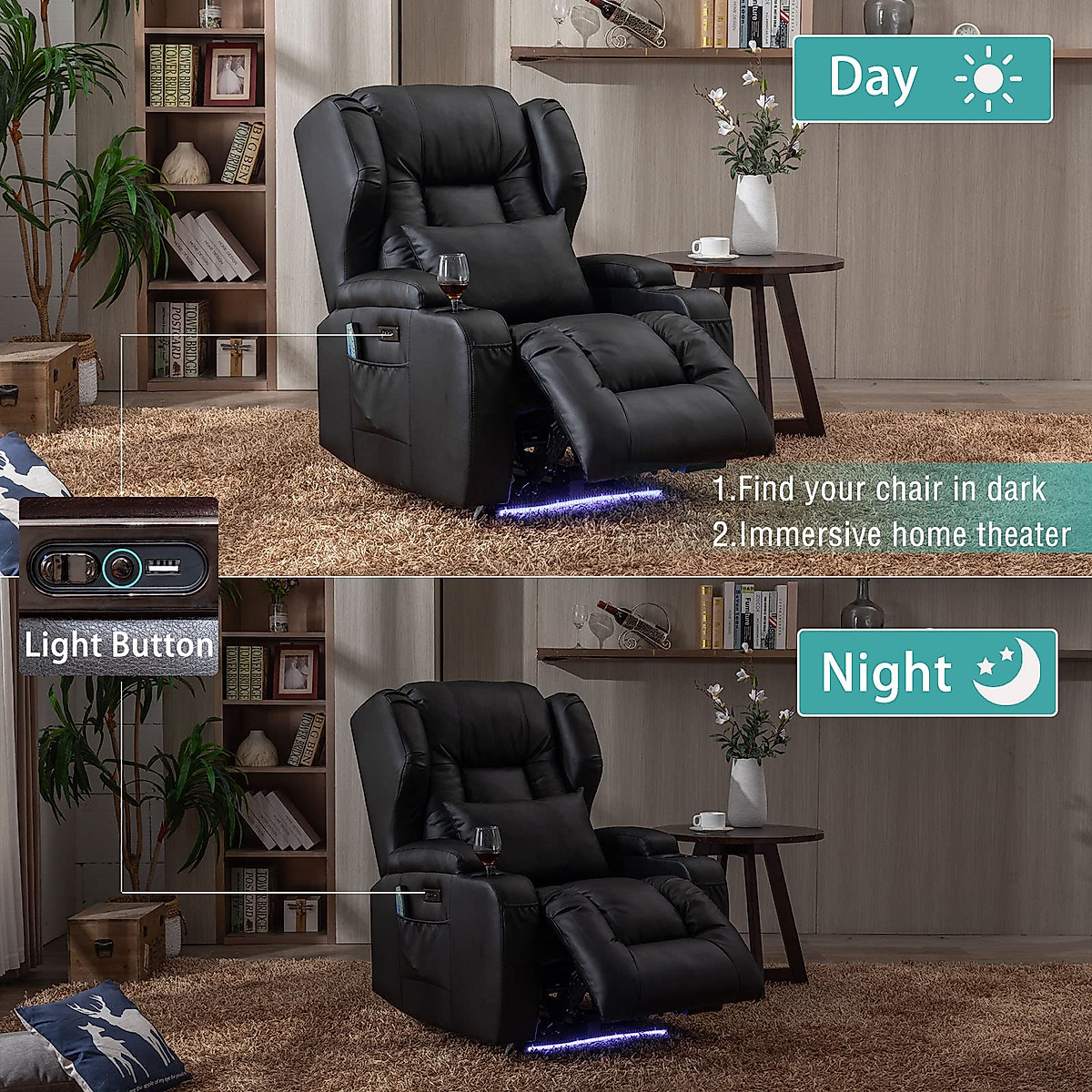 BINGTOO Electric Power Recliner Chair with Massage and Heat Recliner Chairs for Adults, Leather Home Theater Seating with Base Light, Cup Holders, USB Port…