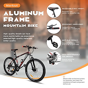 Max4out 26 inch Mountain Bike, Aluminum Frame, 21-Speed Dual Disc Brake Bike with Lock-Out Suspension Fork, Nomal Wheels Bicycles for Men and Women(Black)