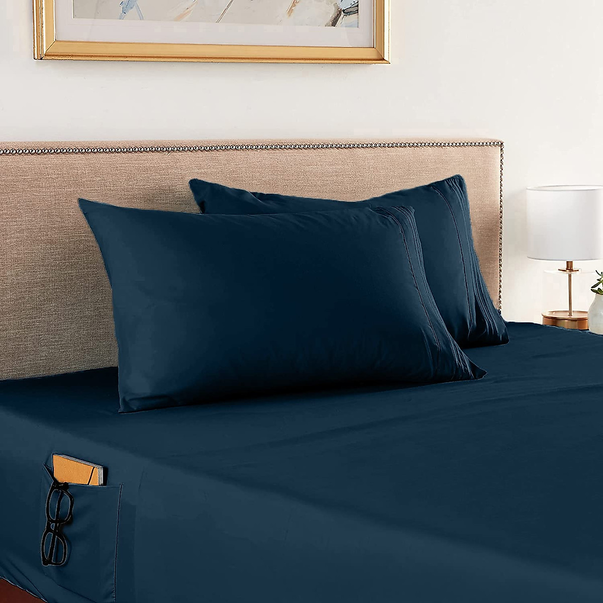 Elegant Comfort 4-Piece Solid Smart Sheet Set-Deep Pocket Fitted Sheet with Side Storage Pockets-Silky Soft 1500 Thread Count Egyptian Quality Microfiber, Wrinkle and Fade Resistant, King, Navy Blue