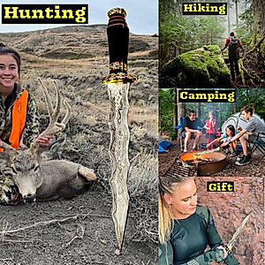 NoonKnives: custom Hand Made Damascus Steel Collectible wavy dagger Knife Handle bull horn with Brass Inserts (Black)