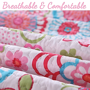 Cozy Line Home Fashions Pink Floral Polka Dot Colorful Reversible Quilt Bedding Set, Coverlet, Bedspreads for Girls (Mariah, Twin - 2 Piece)